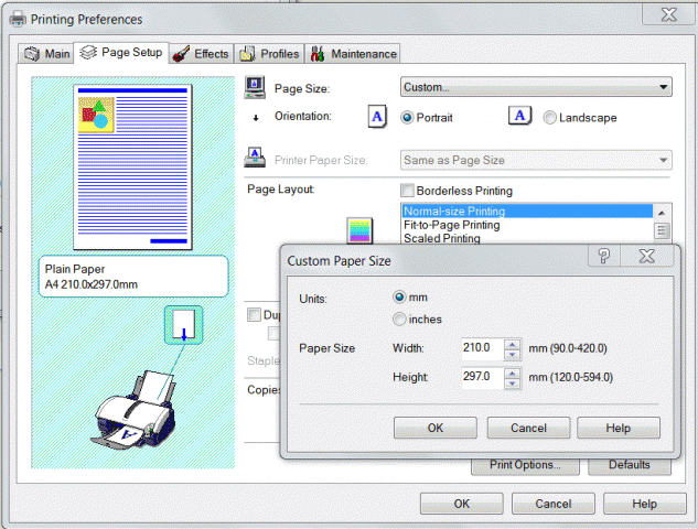 custom printing size on printer